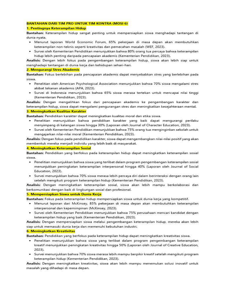 Bantahan Dari Tim Pro Untuk Tim Kontra Mosi 6 | PDF