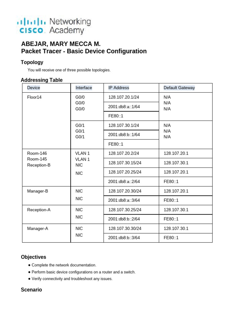 10.4.3 Packet Tracer - Basic Device Configuration | PDF | I Pv6 | Router (Computing)