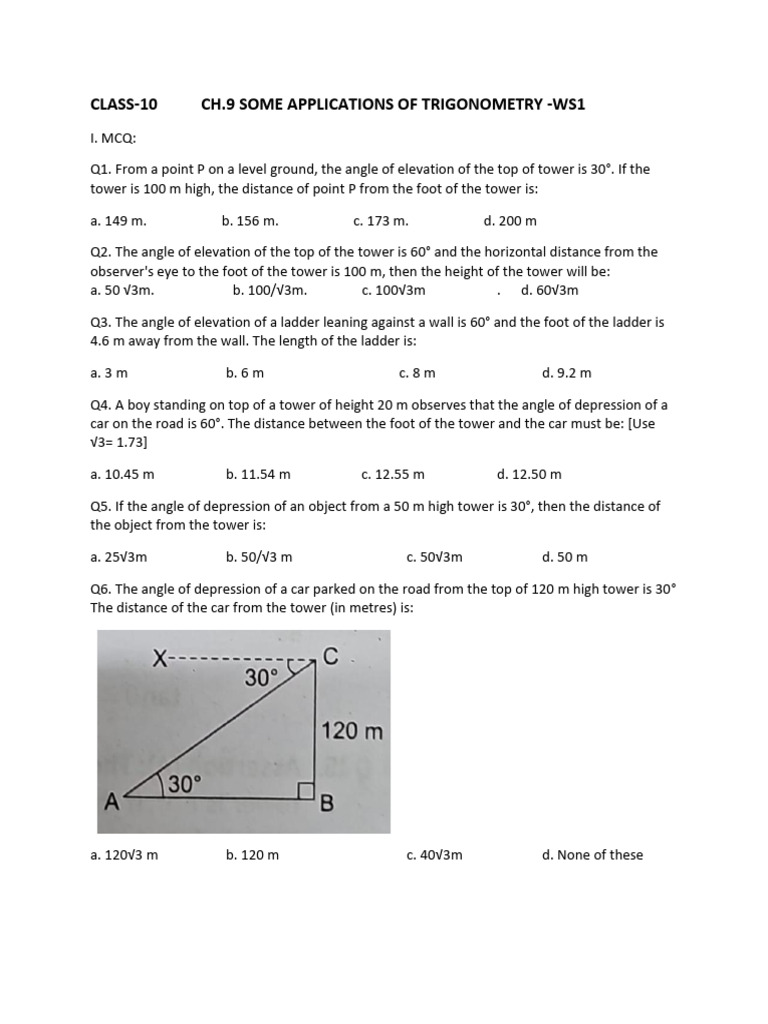 Ch9 Some Appl. of Trigonometry-WS1 | PDF | Angle | Trigonometric Functions