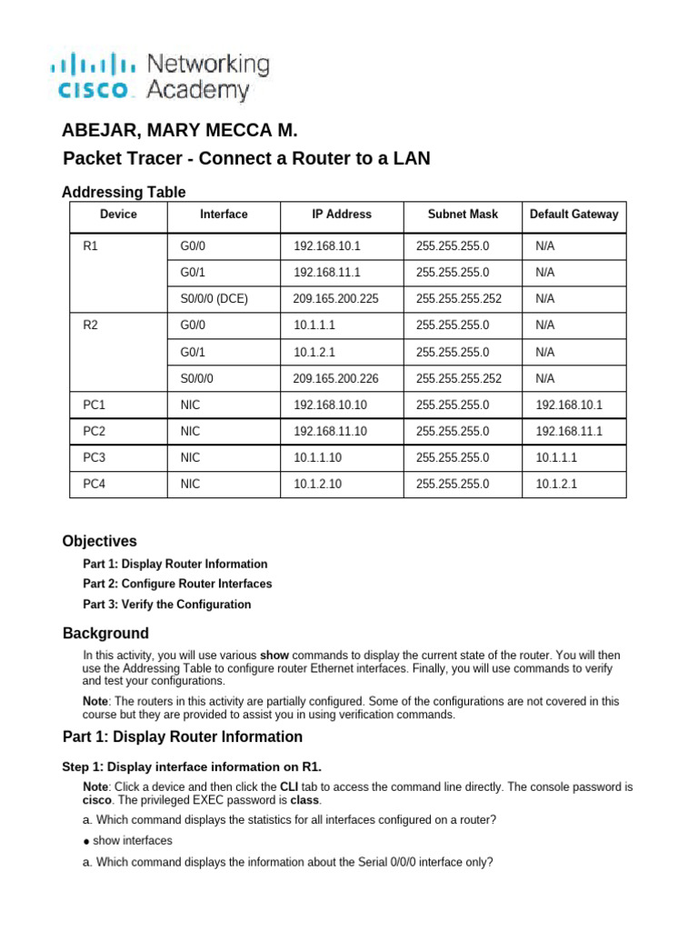 10.3.4 Packet Tracer - Connect A Router To A LAN | PDF | Router (Computing) | Network Protocols