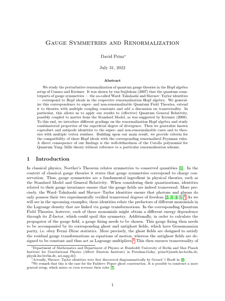 Gauge Symmetries and Renormalization: David Prinz July 31, 2022 | PDF ...