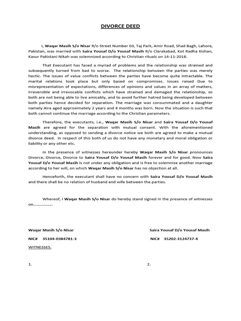 Mutal Divorce Deed Christian | PDF