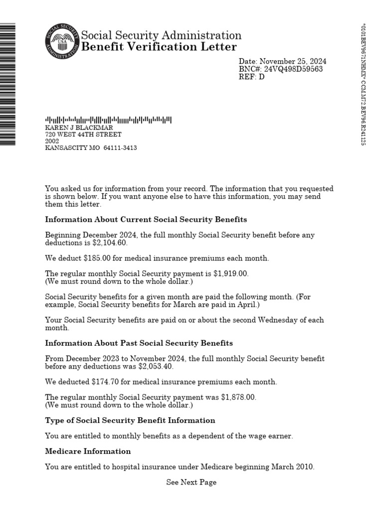 Social Security Benefit Verification Letter | PDF | Social Security ...