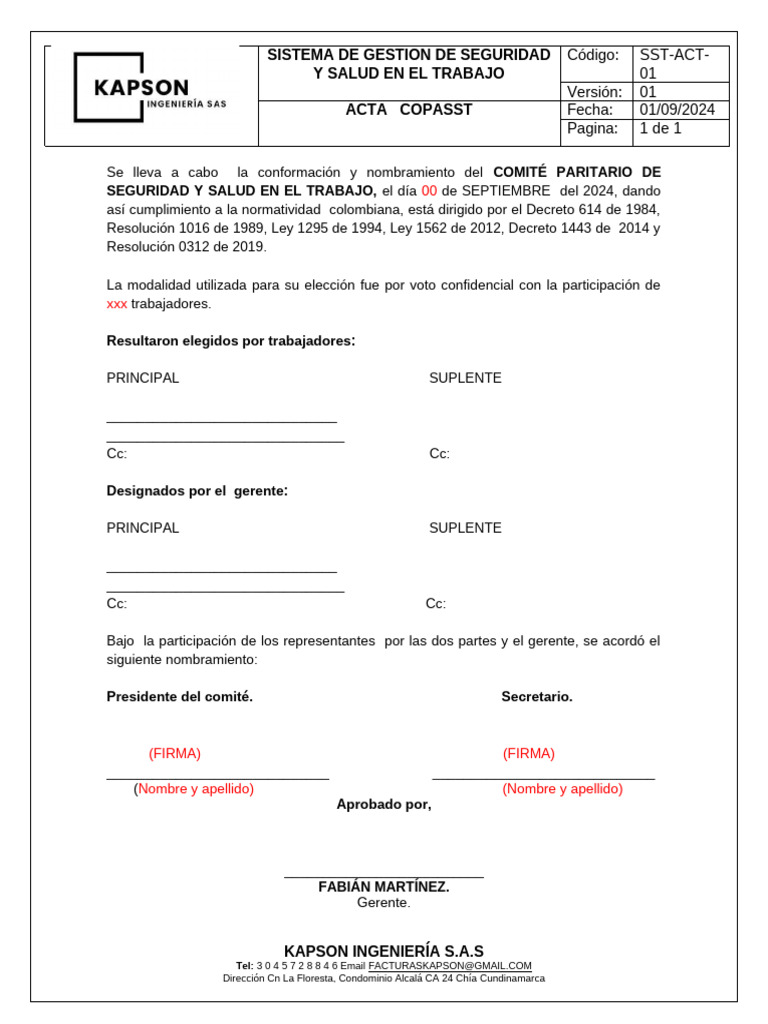 Sst-Act-01 Acta de Conformcion Copasst. | PDF