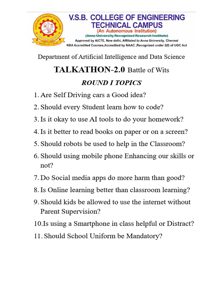 Talkathon-2.0 Debate Topics List | PDF
