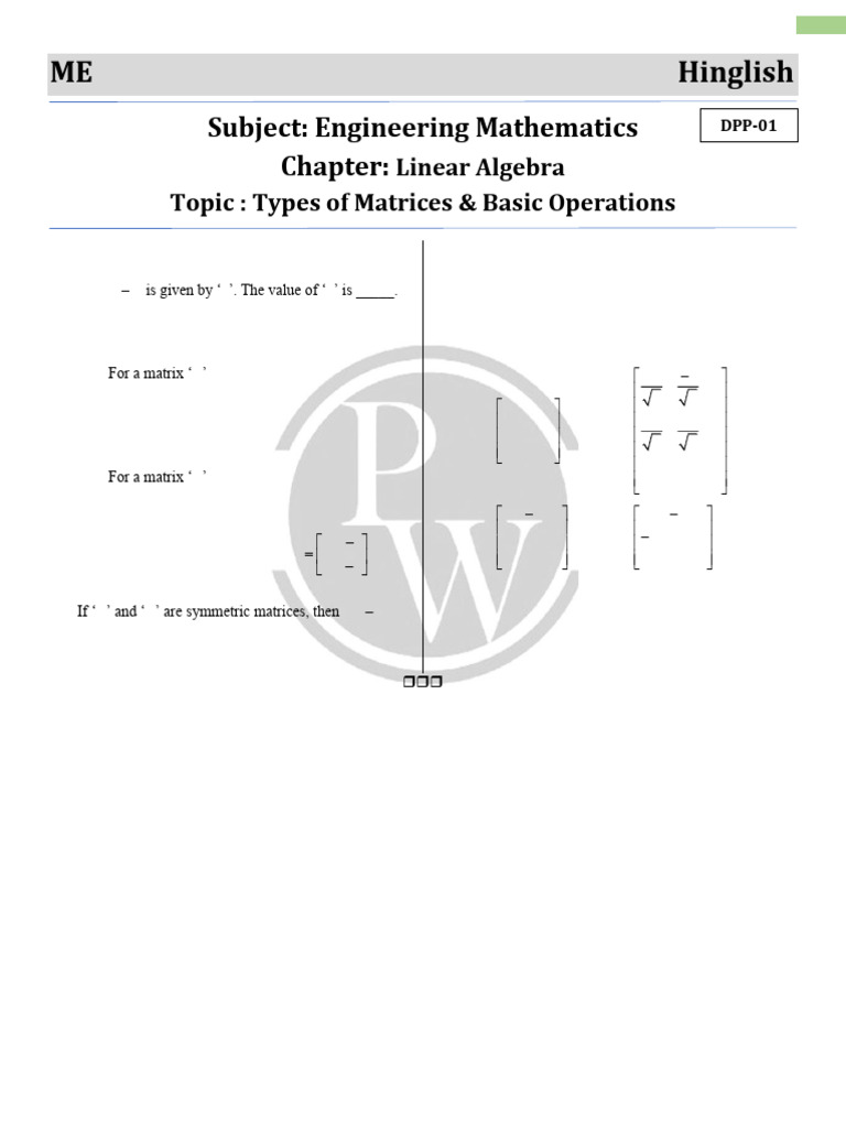 (Engineering Mathematics) Linear Algebra DPP 01 (Engineer | PDF | Matrix (Mathematics ...