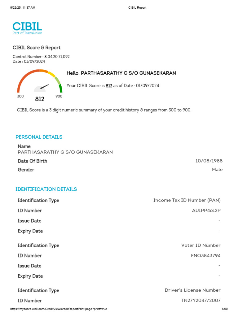 CIBIL Report for Parthasarathy G | PDF | Credit | Finance & Money ...