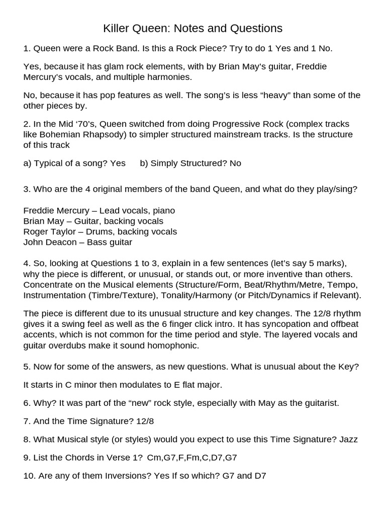 Killer Queen Notes and Questions | PDF | Chord (Music) | Musical ...