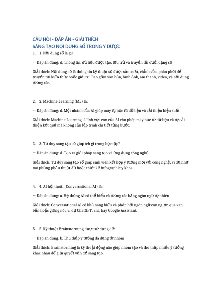 Cau Hoi Dap An Giai Thich Sang Tao Noi Dung So | PDF