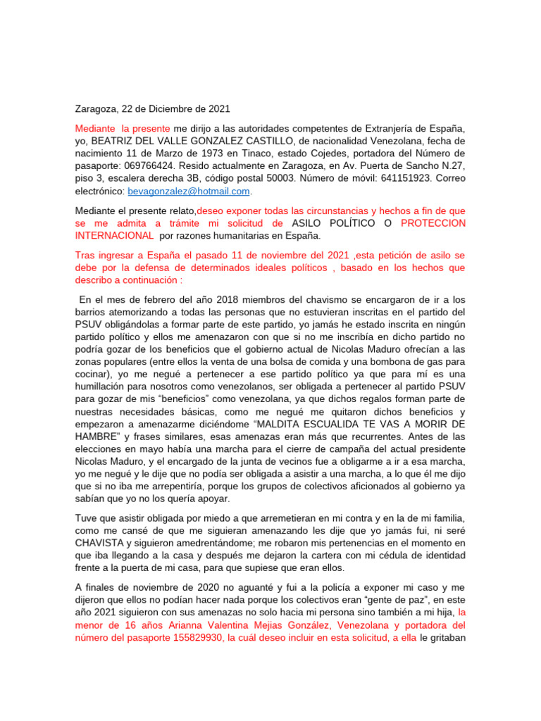 Solicitud de Asilo Político en España | PDF