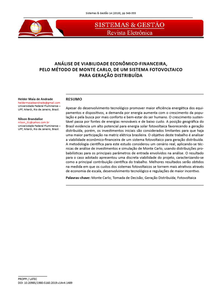 Viabilidade Econômica de Sistemas Fotovoltaicos | PDF | Taxa interna de ...