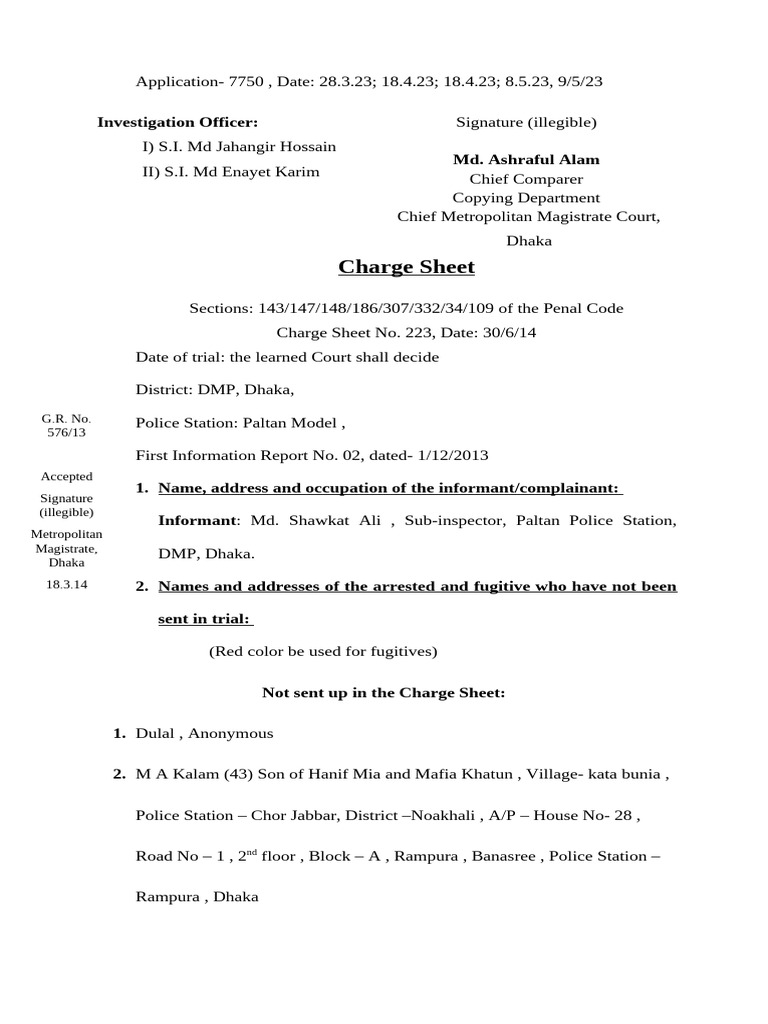Dhaka Charge Sheet and Accused List | PDF | Bangladesh | Criminal Justice