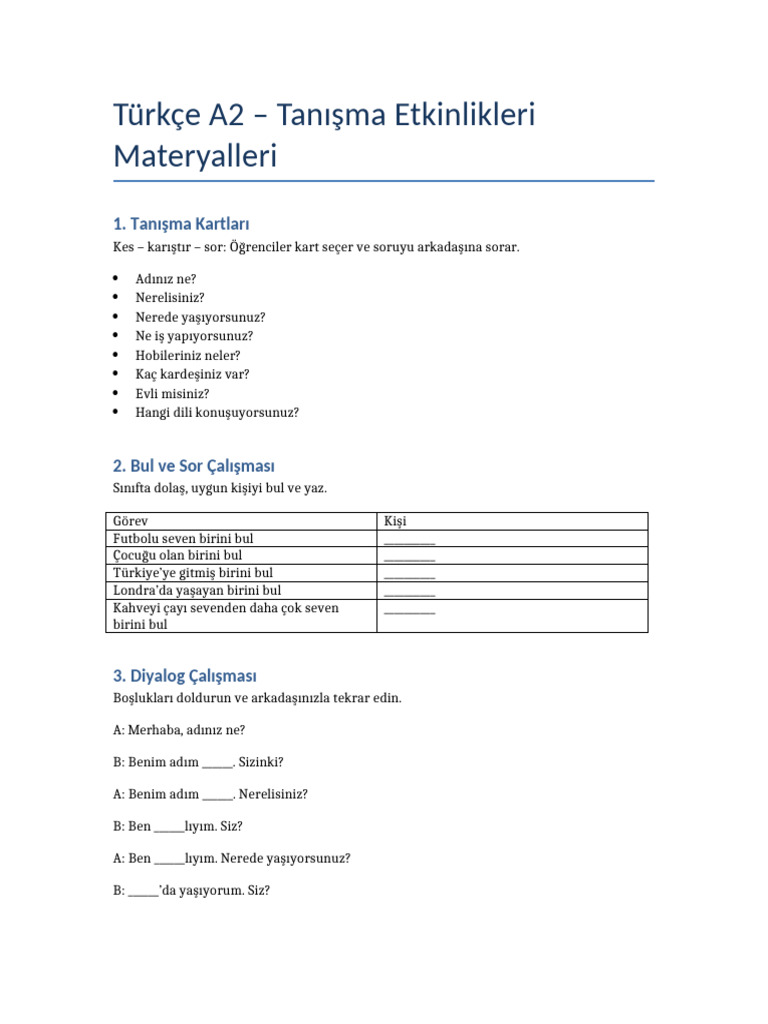 Turkce A2 Tanisma Materyalleri | PDF