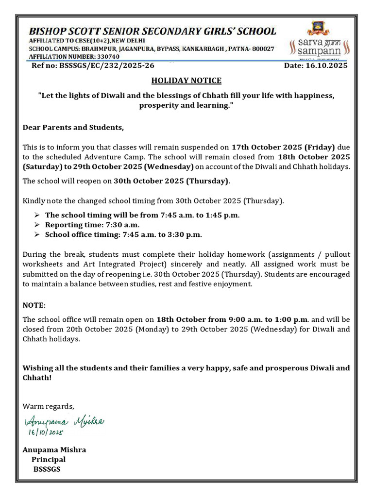 Diwali and Chhath Holiday Notice | PDF