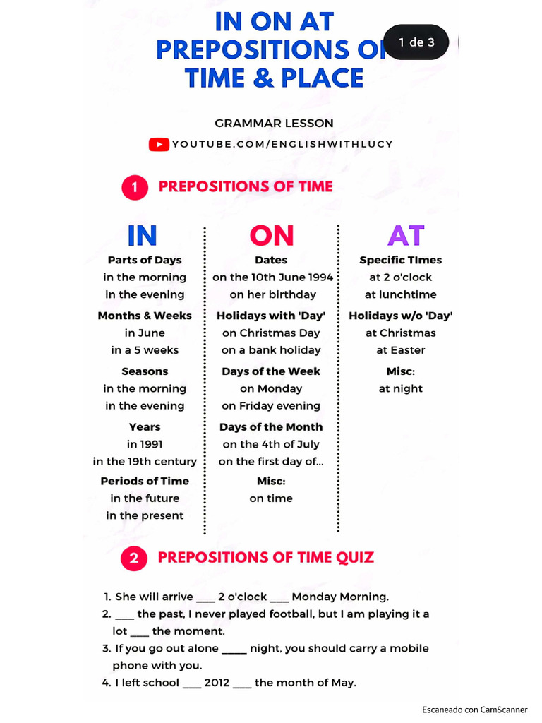 Prepositions Time & Place | PDF