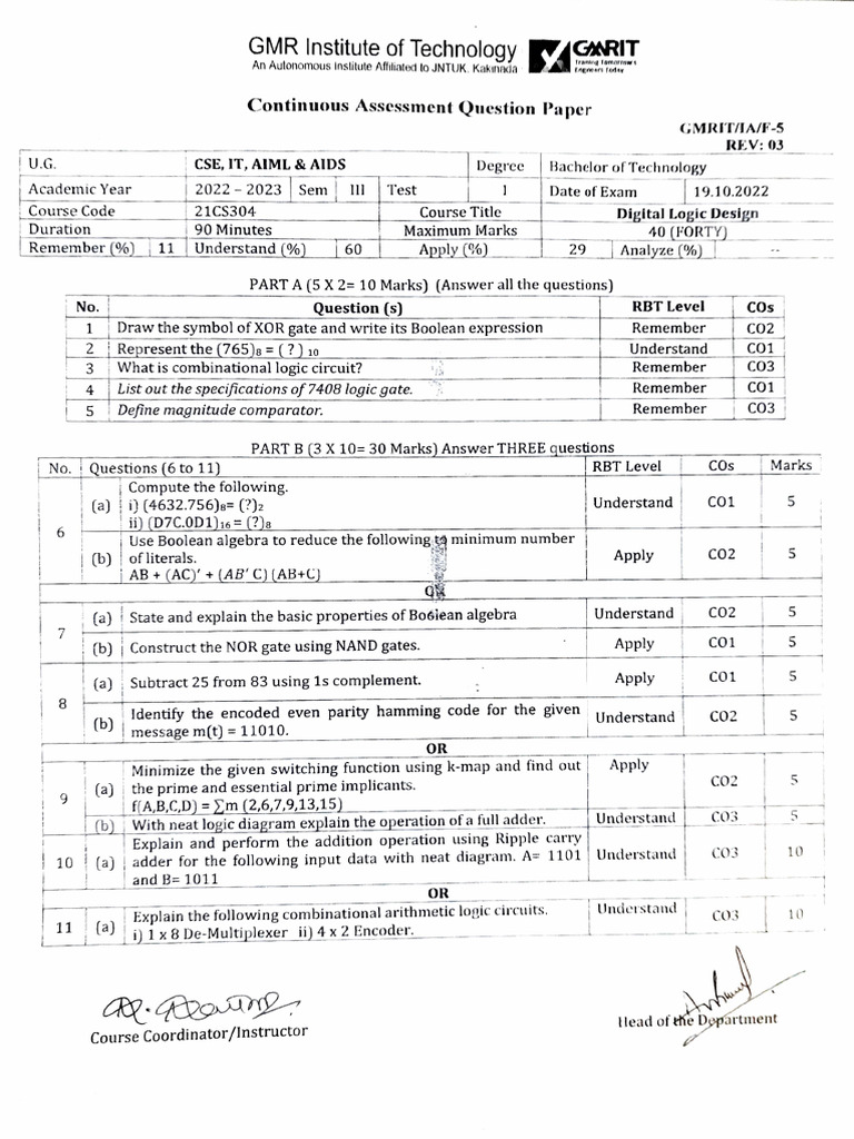 2nd Btech 2022-23 CSE DLD Ses-Q1 | PDF | Boolean Algebra | Teaching Mathematics