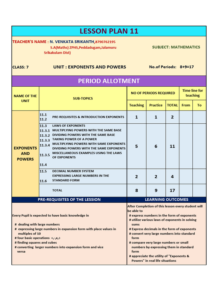 7th Lesson Plan | PDF | Teachers | Exponentiation