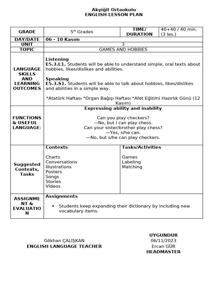 5th Grade English Lesson Plan: Games | PDF
