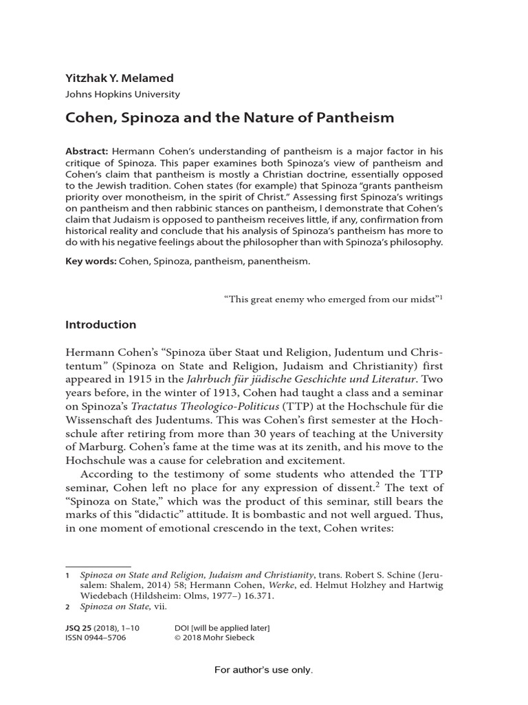 Melamed - Cohen, Spinoza, Nature of Pantheism | PDF | Baruch Spinoza ...