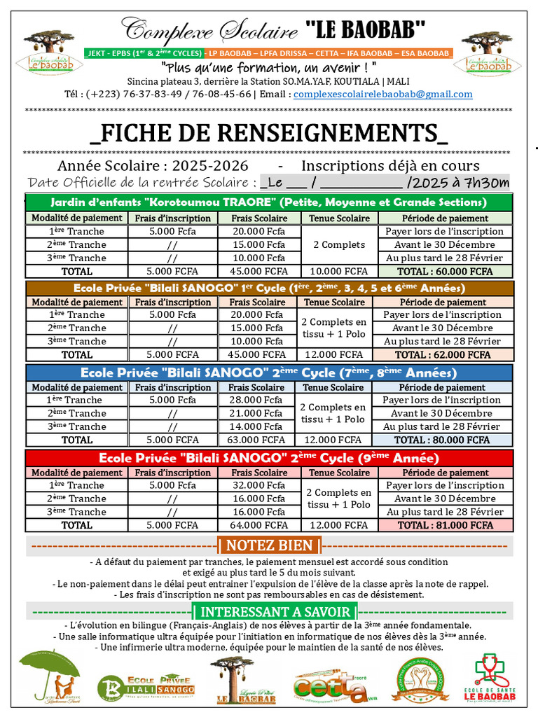 Frais Scolaires École Bilali SANOGO | PDF