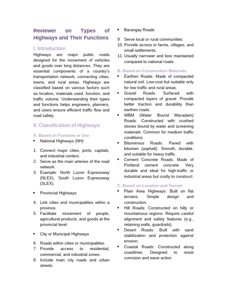 Reviewer On Types of Highways | PDF | Road | Land Transport