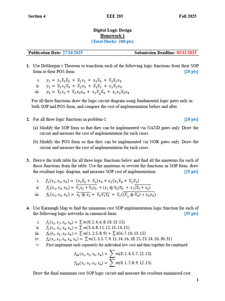 EEE283_Sec4_Fa25_HW1 | PDF | Boolean Algebra | Teaching Mathematics