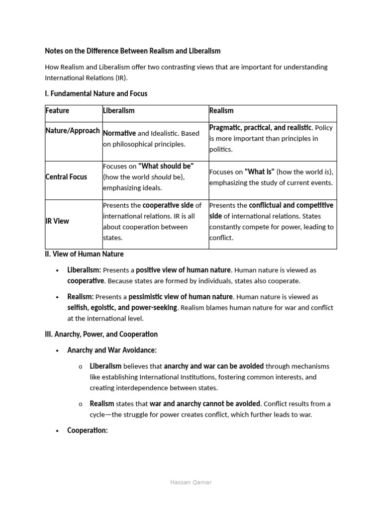 Realism vs. Liberalism in International Relations | PDF | Liberalism ...