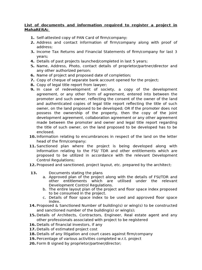 MahaRERA Project Registration Requirements | PDF