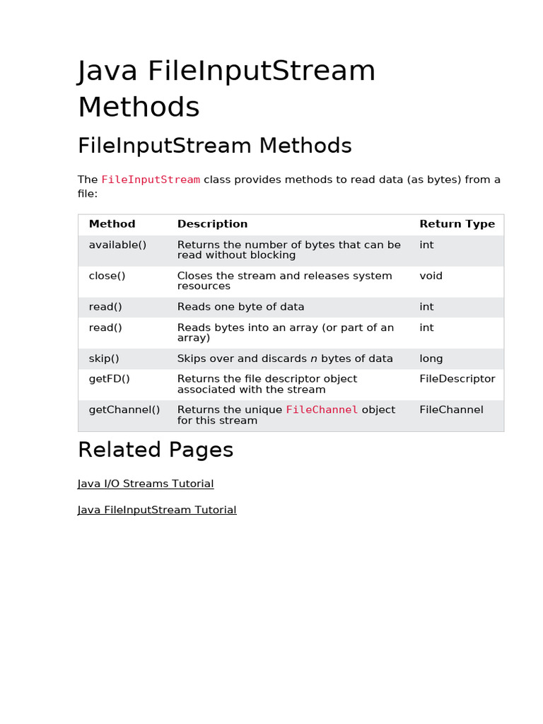 Java FileInputStream Methods | PDF | Computer Engineering | Computer Science