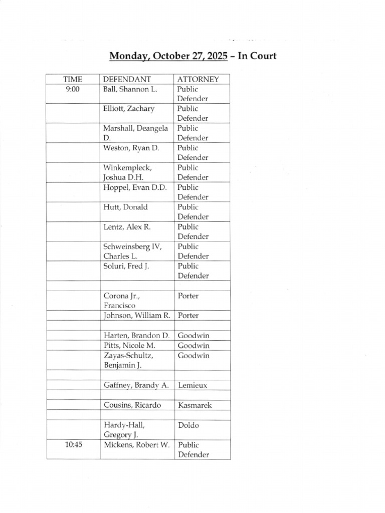 Jefferson County Court Calendar Oct. 27, 2025 | PDF