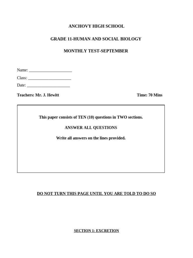 HSB Sept Test - Excretory System | PDF | Kidney | Medical Specialties