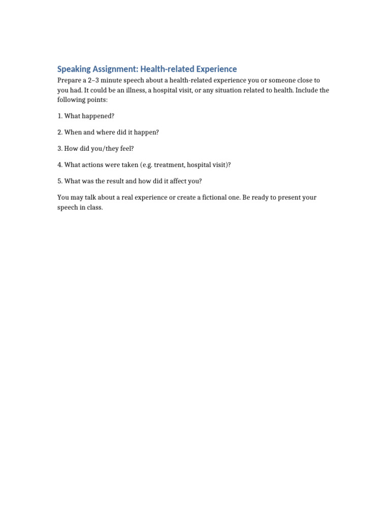 Health Experience Speech Assignment | PDF