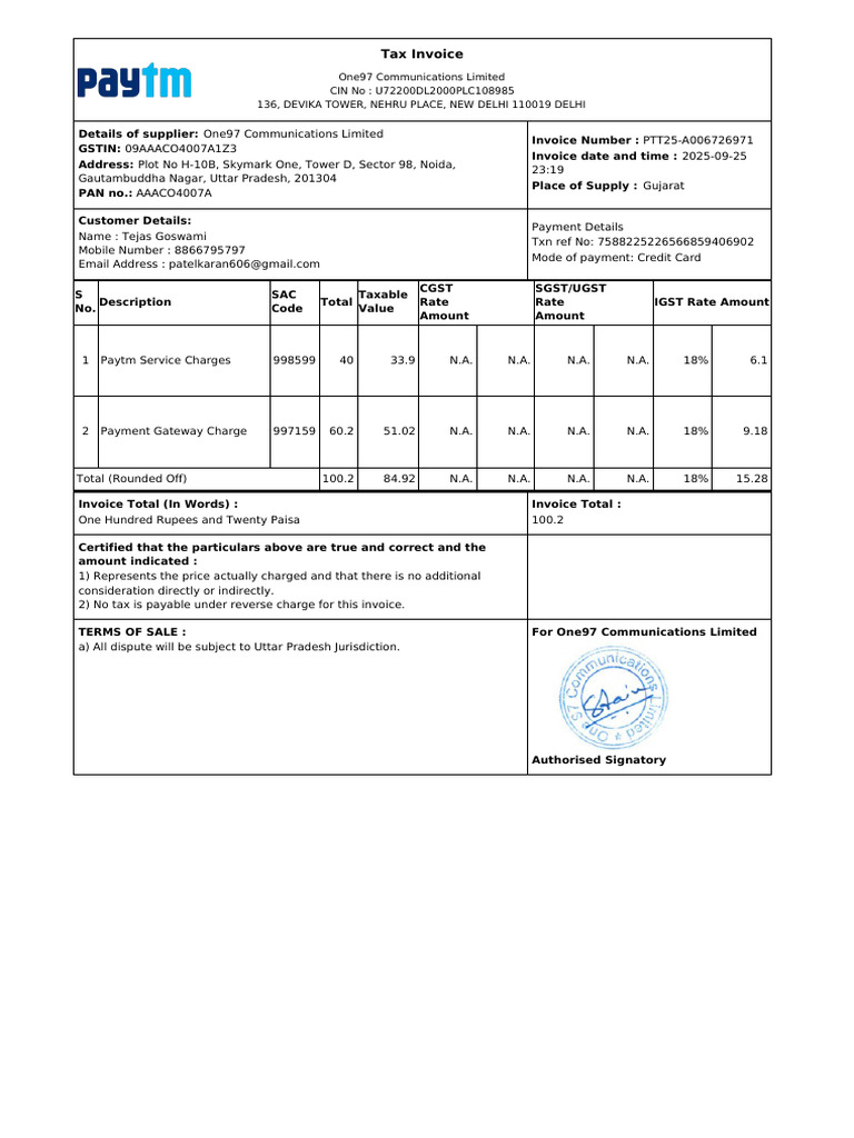 Tax Invoice - PTT25-A006726971 PDF | PDF | Invoice | Taxes