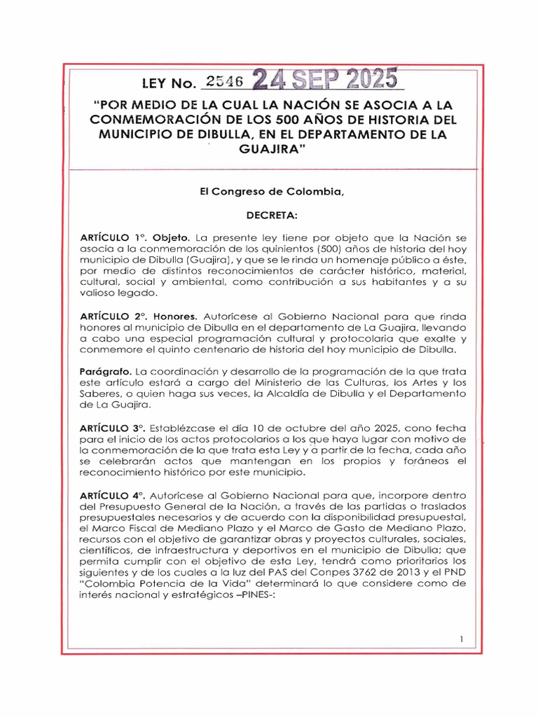Ley 2546 de 2025: 500 años de Dibulla | PDF | Colombia | Gobierno