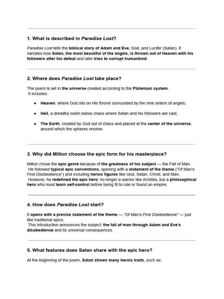 paradise lost questions | PDF | Paradise Lost | Religious Belief And ...