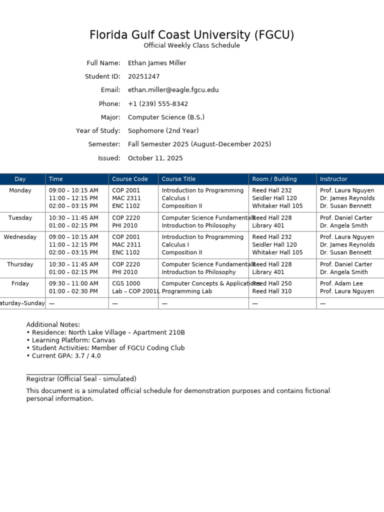 FGCU Weekly Schedule Ethan Miller Fall 2025 en | PDF