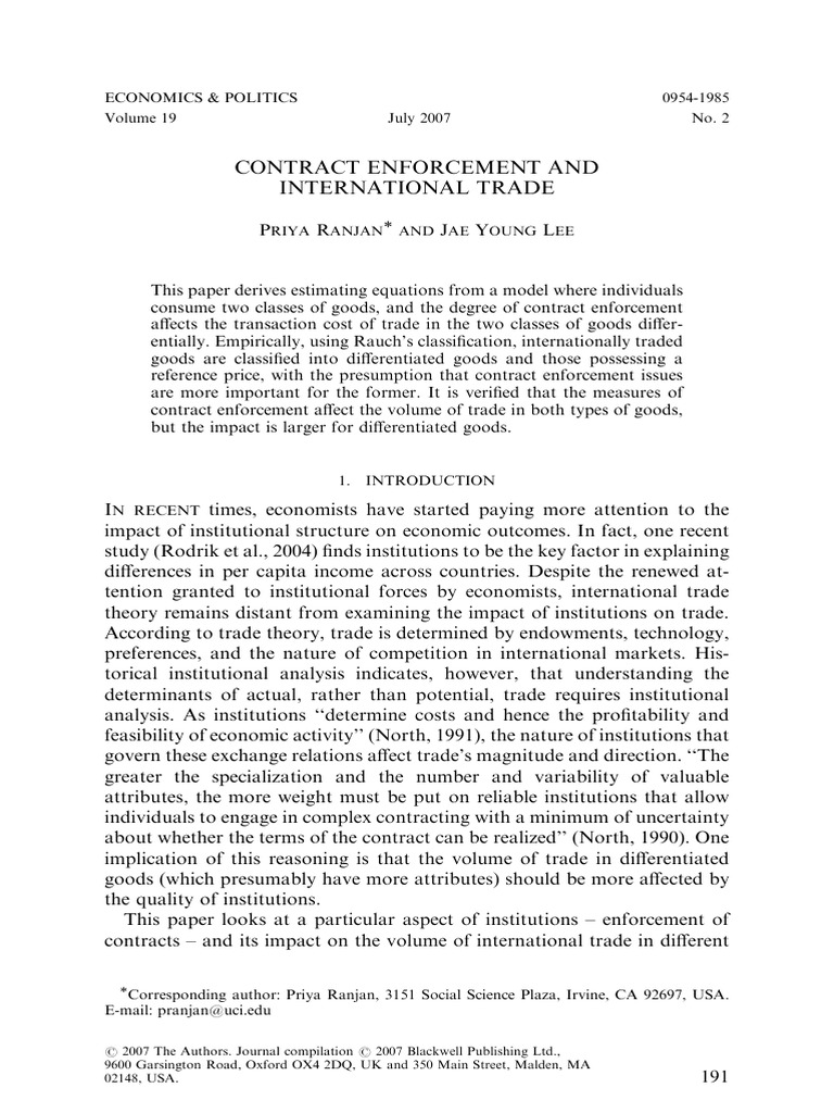 Contract Enforcement and International Trade: Economics & Politics 0954 ...