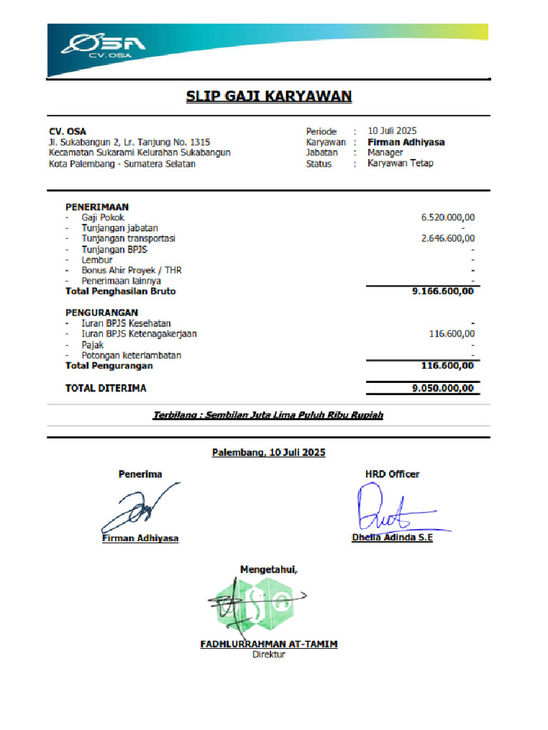 Slip Gaji OSS CV OSA Palembang | PDF