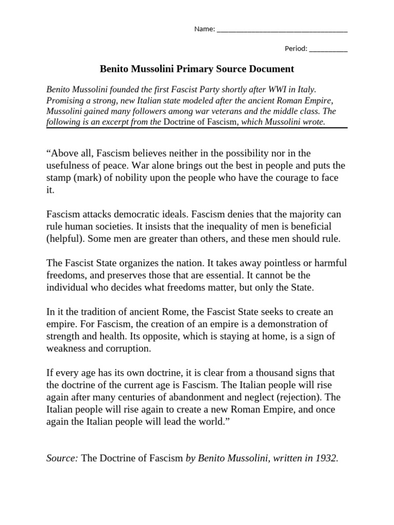Benito Mussolini-Primary Source Document | PDF