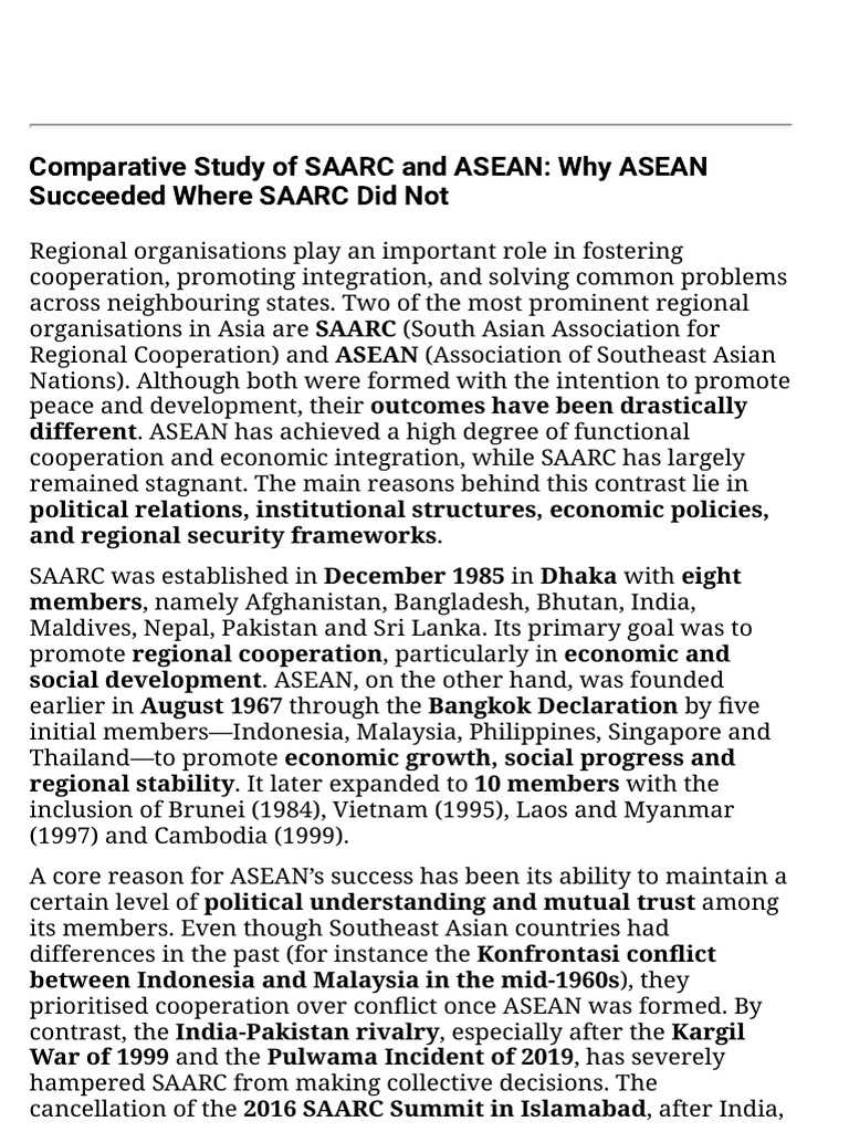 SAARC vs. ASEAN: Lessons in Cooperation | PDF | Asean Free Trade Area ...