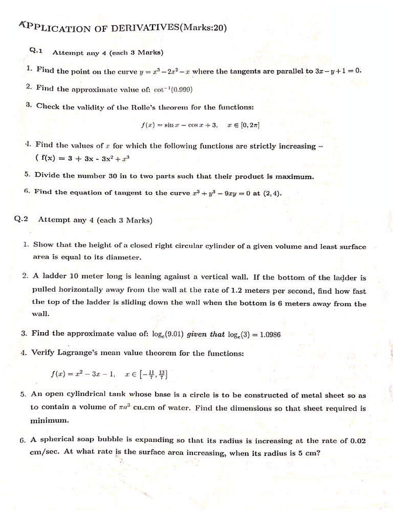 Application of Derivatives Test Paper Solutions | PDF