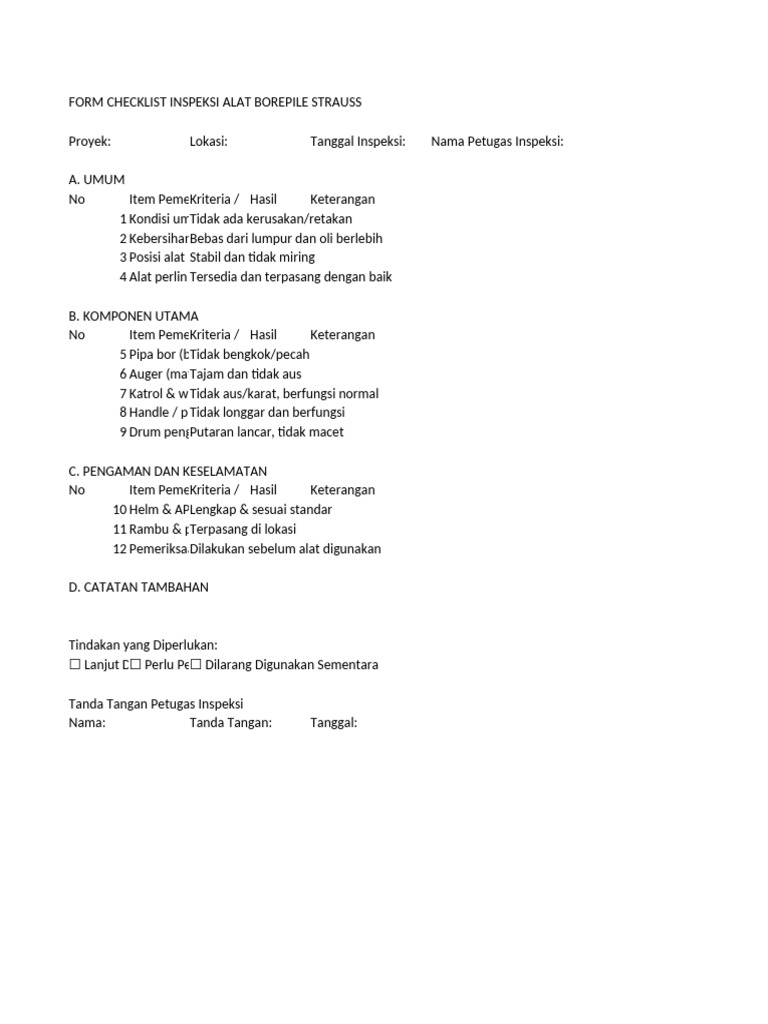 Checklist Inspeksi Alat Borepile Strauss | PDF