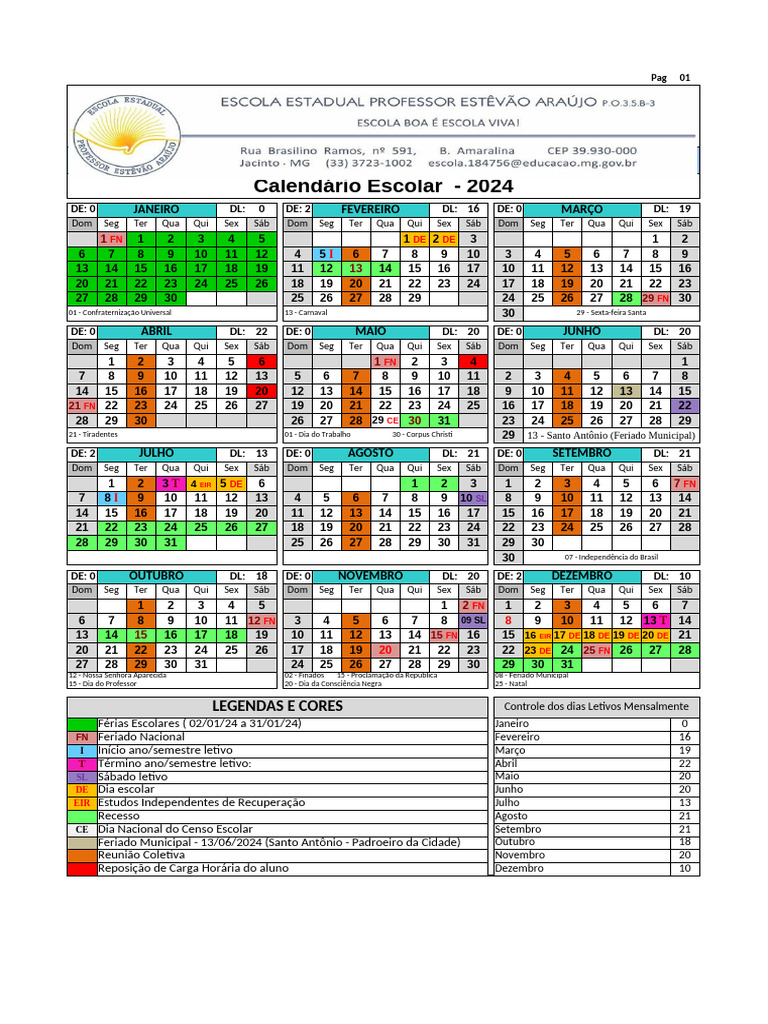 Calendário Escolar 2024: Feriados e Dias Letivos | PDF