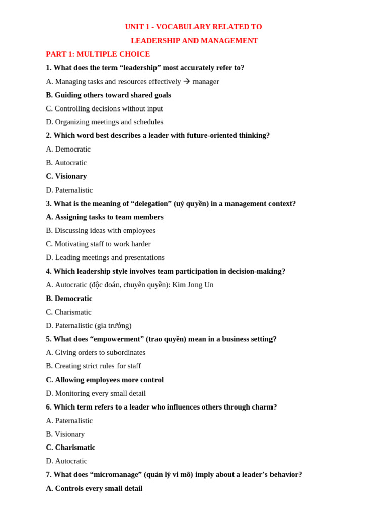 Unit 1 - Student - Vocabulary Development | PDF | Leadership | Organizational Behavior