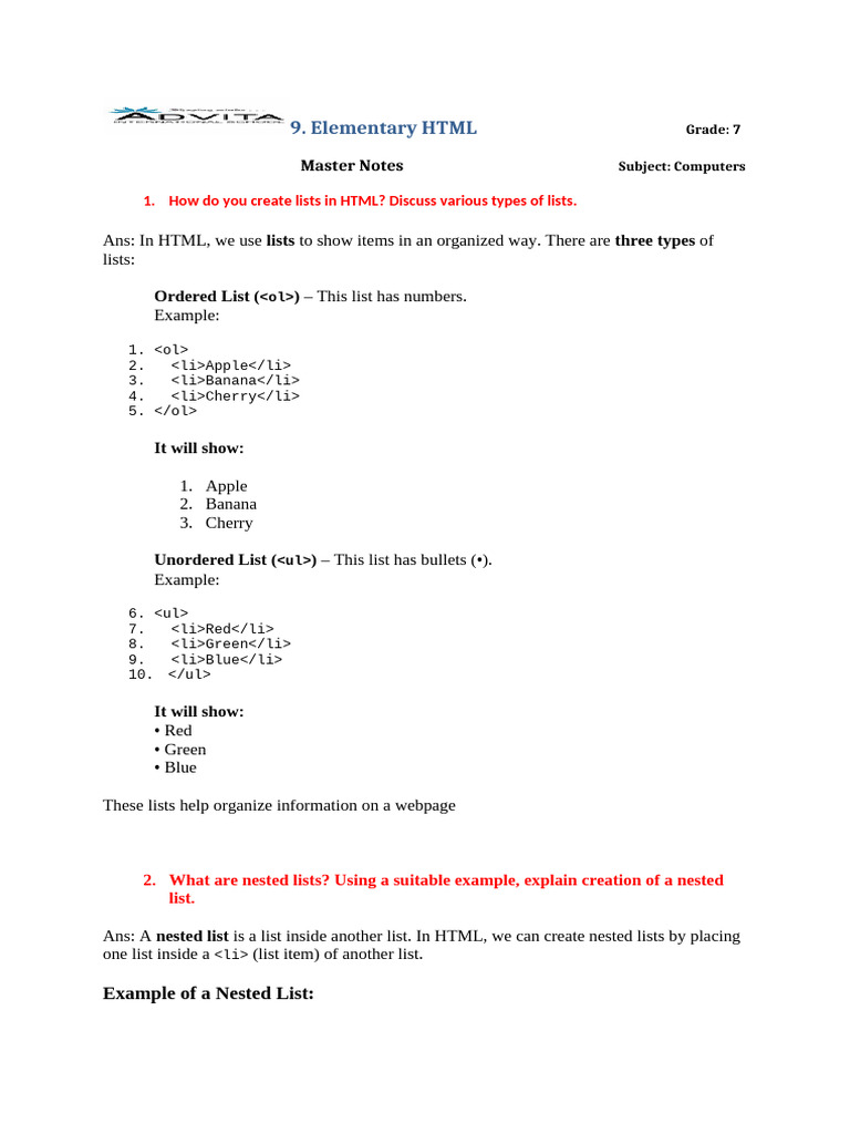 Grade 7 Unit 9 Master Notesomputers | PDF | Html Element | Html