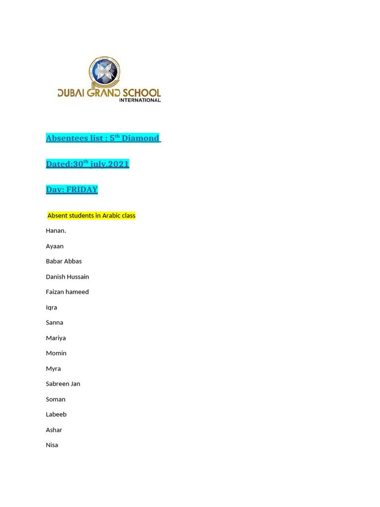Absentees List of 5th Diamond 30-07 | PDF