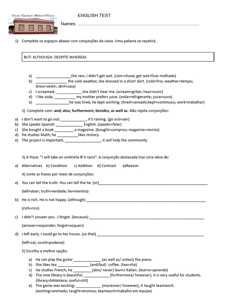 English Conjunctions Test Exercise | PDF