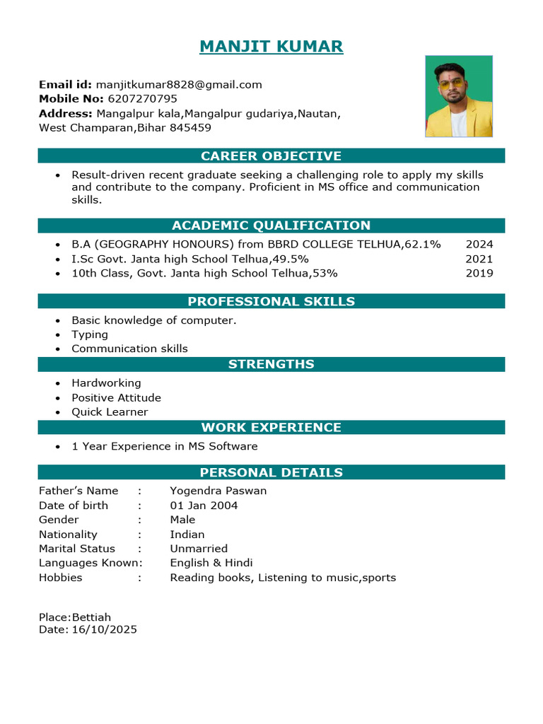Recent Graduate Resume: Manjit Kumar | PDF