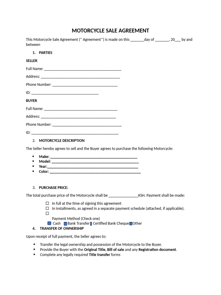 Motorcycle Sale Agreement | PDF
