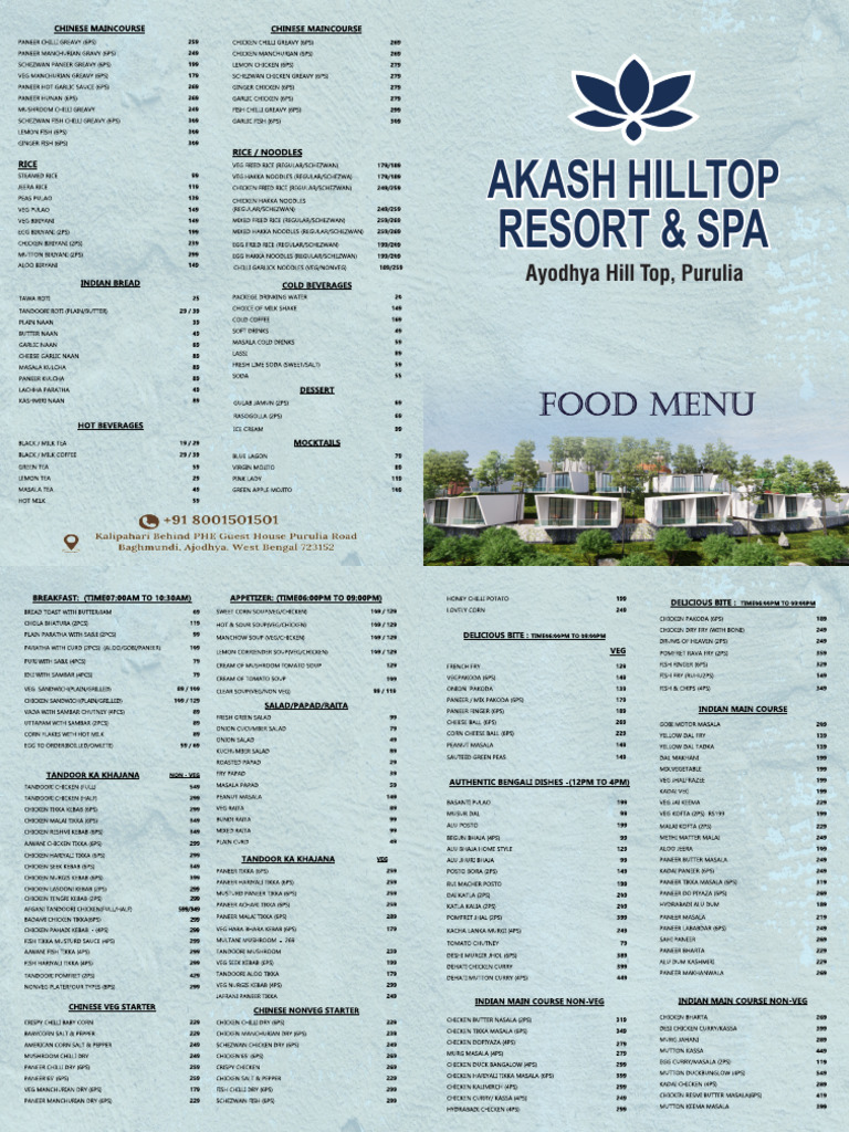 Akash Hilltop Resort Food Menu 2024 Final | PDF